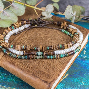 Mens Gemstone Coconut and Seashell Beaded Anklet Set- Summer Surfer ...