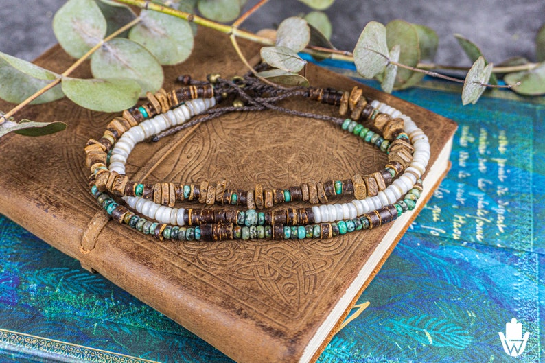 Mens Gemstone Coconut and Seashell Beaded Anklet Set- Summer Surfer ...