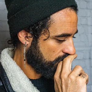 Mens Double Chain Long Dangle Beaded Earring- Triangle Charm and Lava ...