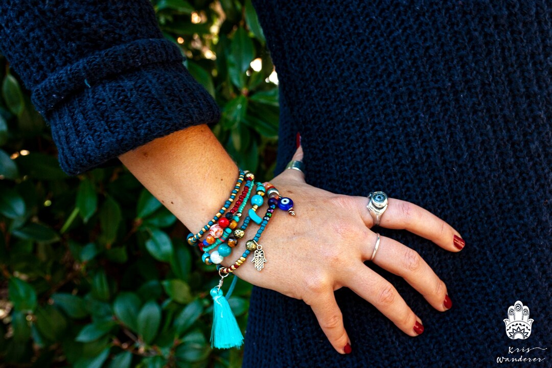 Bohemian Colorful Beaded Bracelet for Women- Womens Lucky Hamsa Charm ...