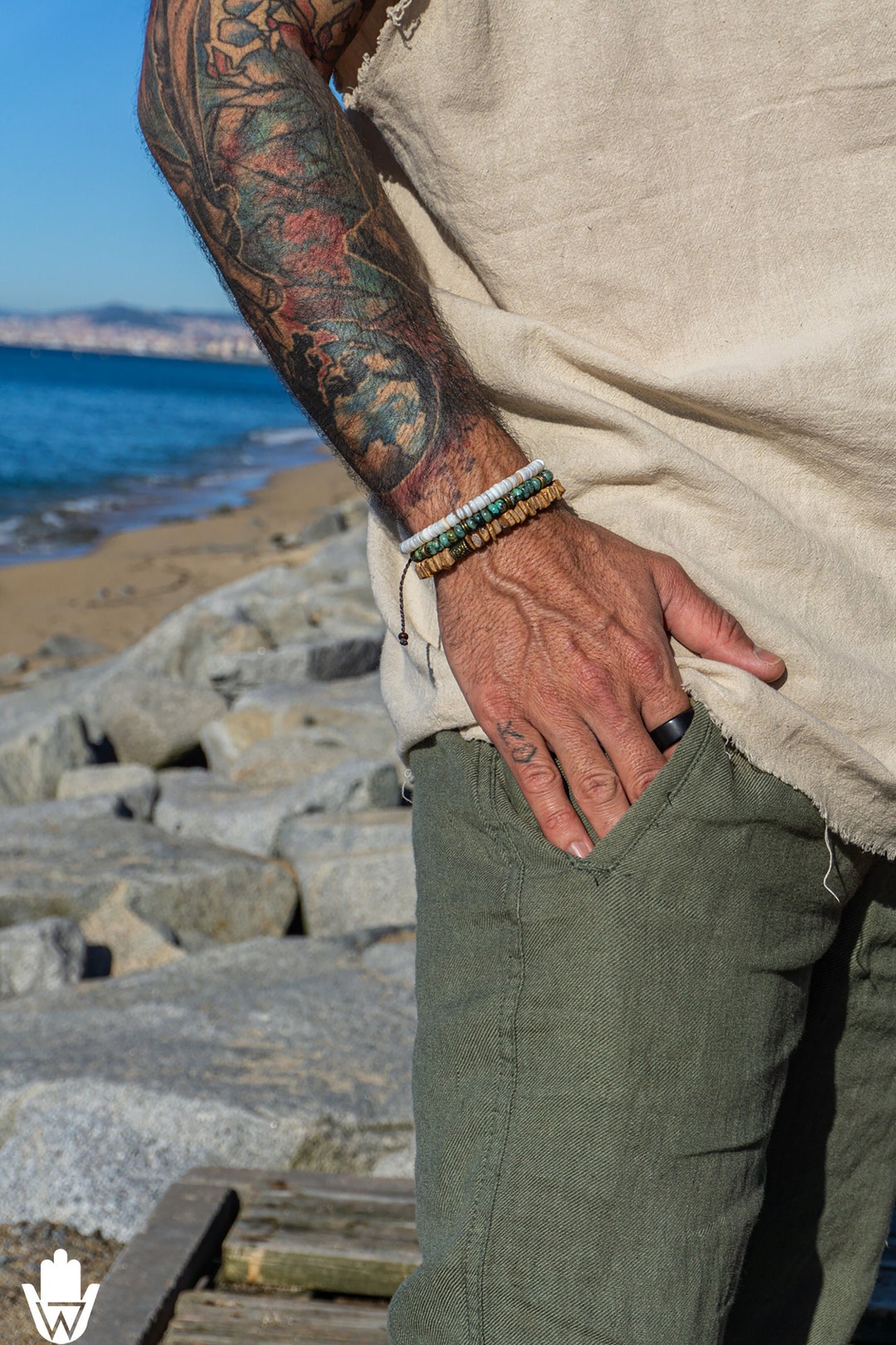 Mens Gemstone Seashell and Coconut Matching Bracelet Set- Summer Surfer ...