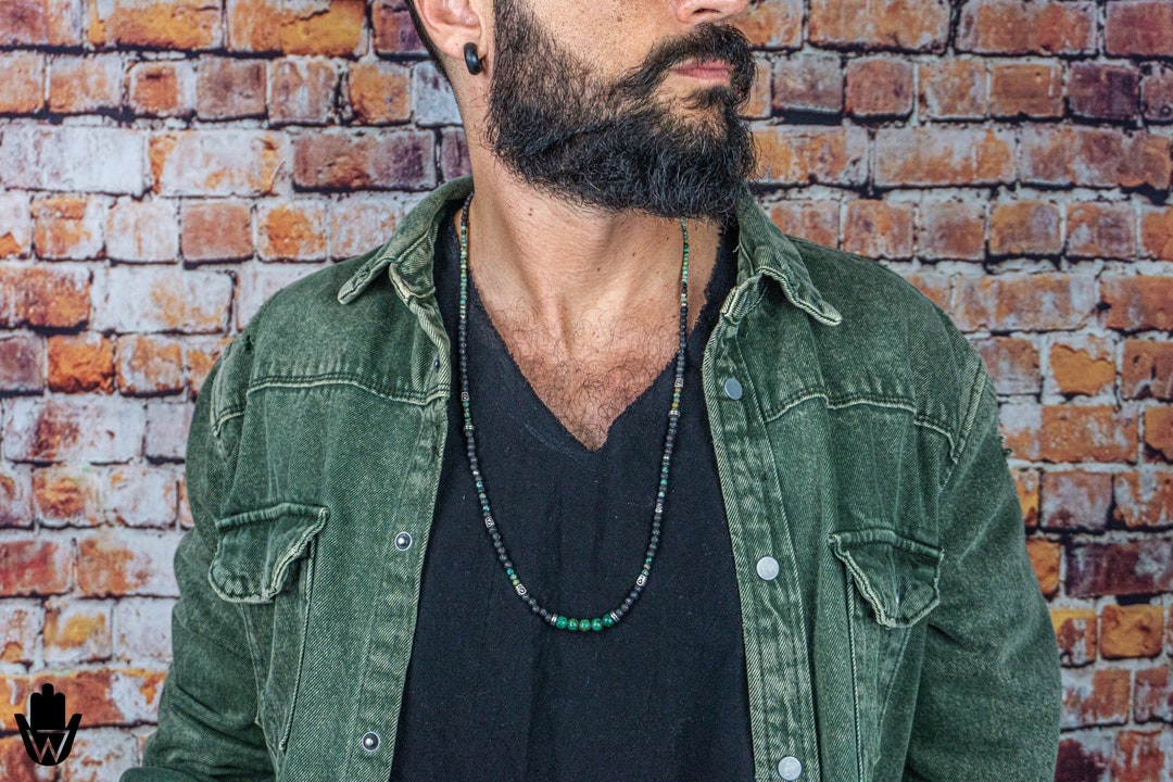 Long Lava Stone Necklace With Green Jasper Gemstones- Black Beaded ...
