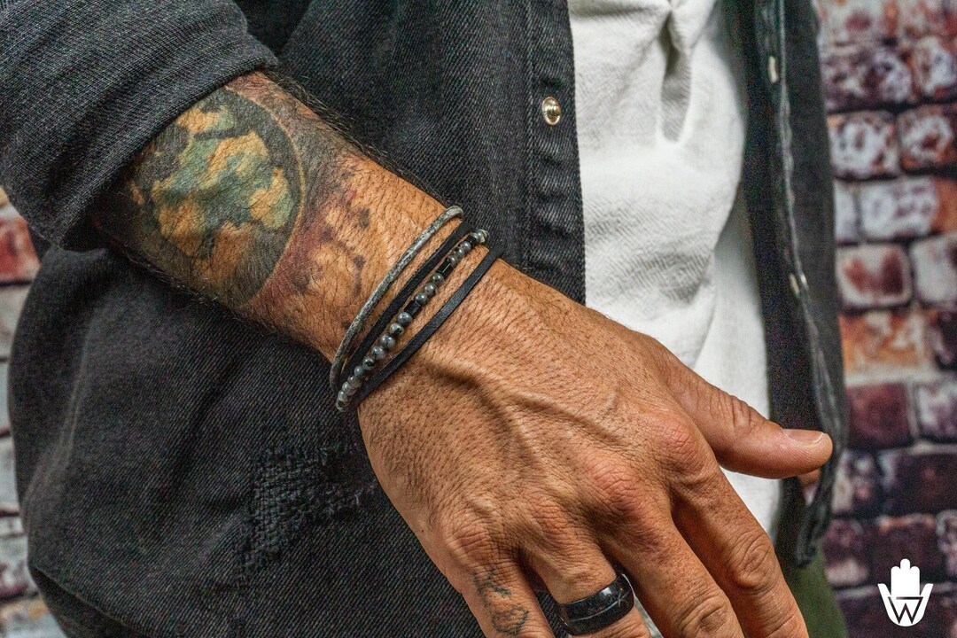 Mens Black Leather Layering Bracelet Set Multistrand Gemstone Beaded ...