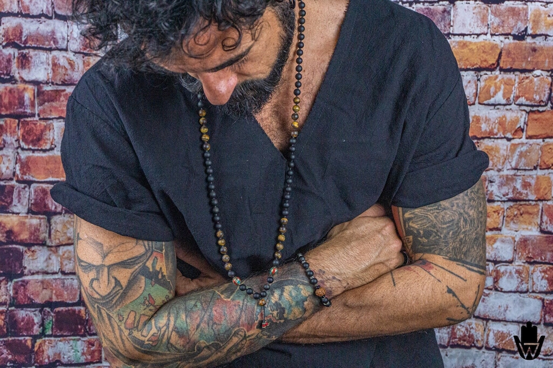 Mens Obsidian, Tiger Eye Mala Necklace- Long Yoga Mala Style Necklace ...