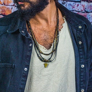Mens Boho Black Onyx Layered Necklace Set- Leather Gemstone Bead Chain ...