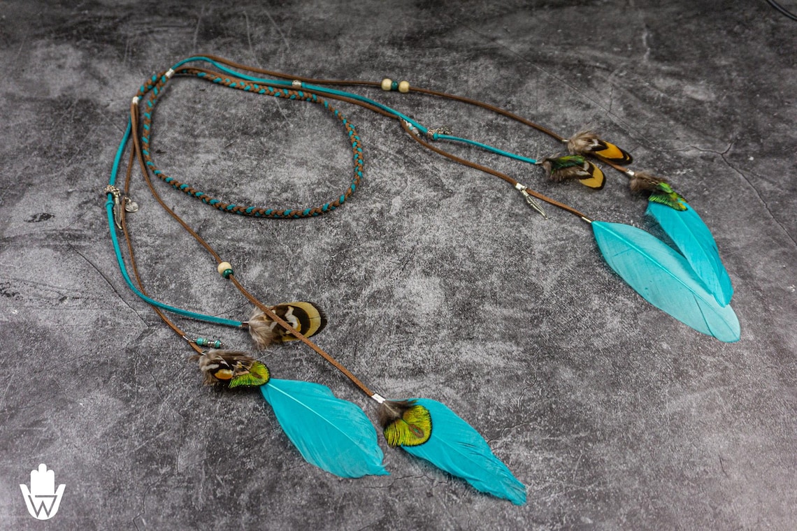 Boho Hippie Feathered Headband- Long Drop Leather Headband With ...