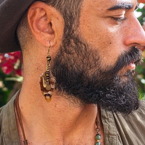 Boho Mens Long Feather Single Earring- Exotic Wood Beaded Earring ...