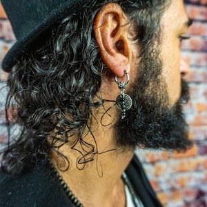 Mens Beaded Stainless Steel Hoop Earring- Antique Silver Tribal Coin ...