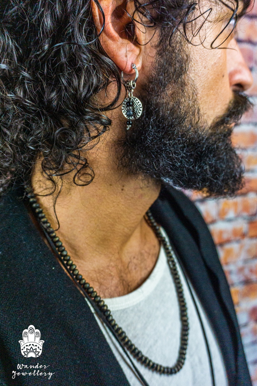 Mens Beaded Stainless Steel Hoop Earring- Antique Silver Tribal Coin ...