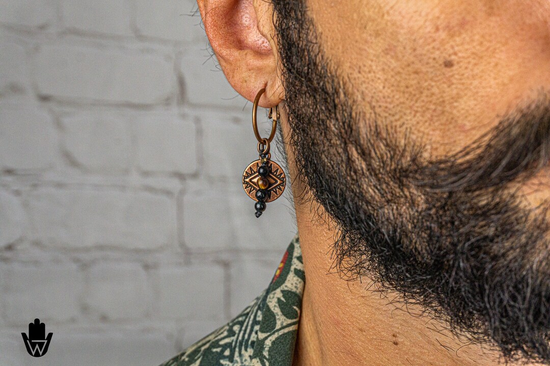 Evil Eye Copper Coin Dangle Earring for Men- Single Boho Hoop Earring ...