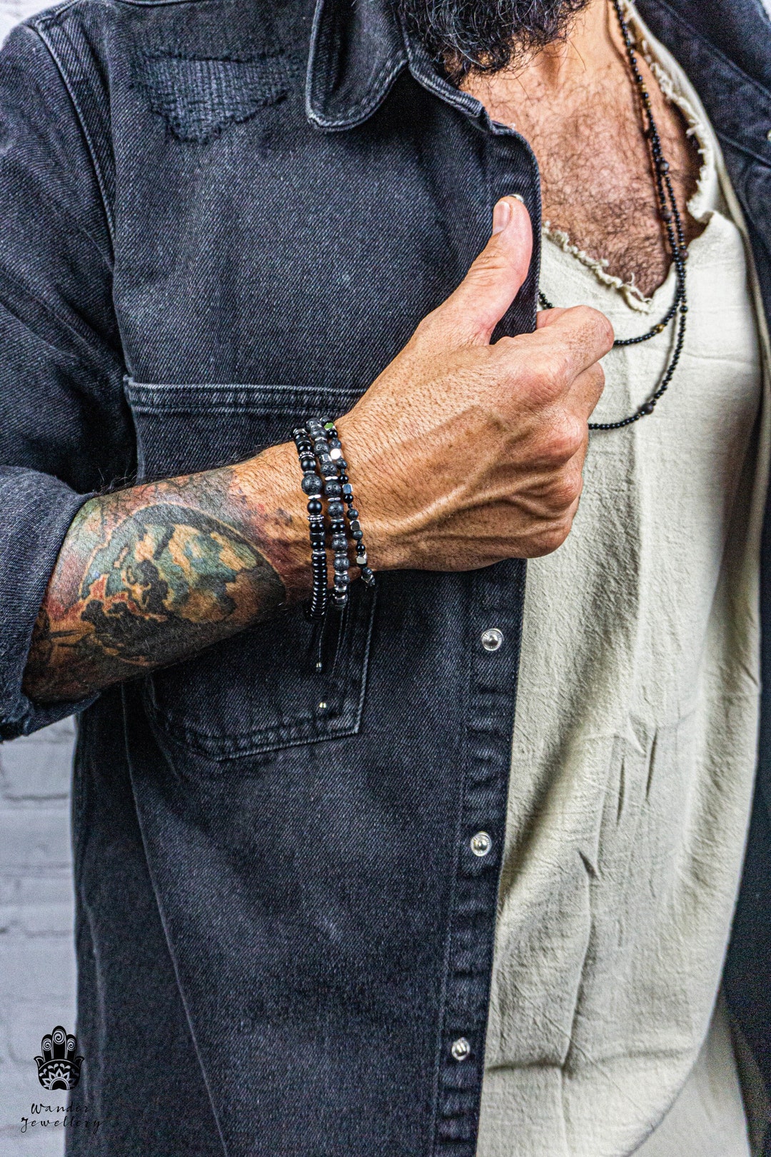 All Black Bracelet Set for Men- Black Onyx Lava Stone Healing Beaded ...