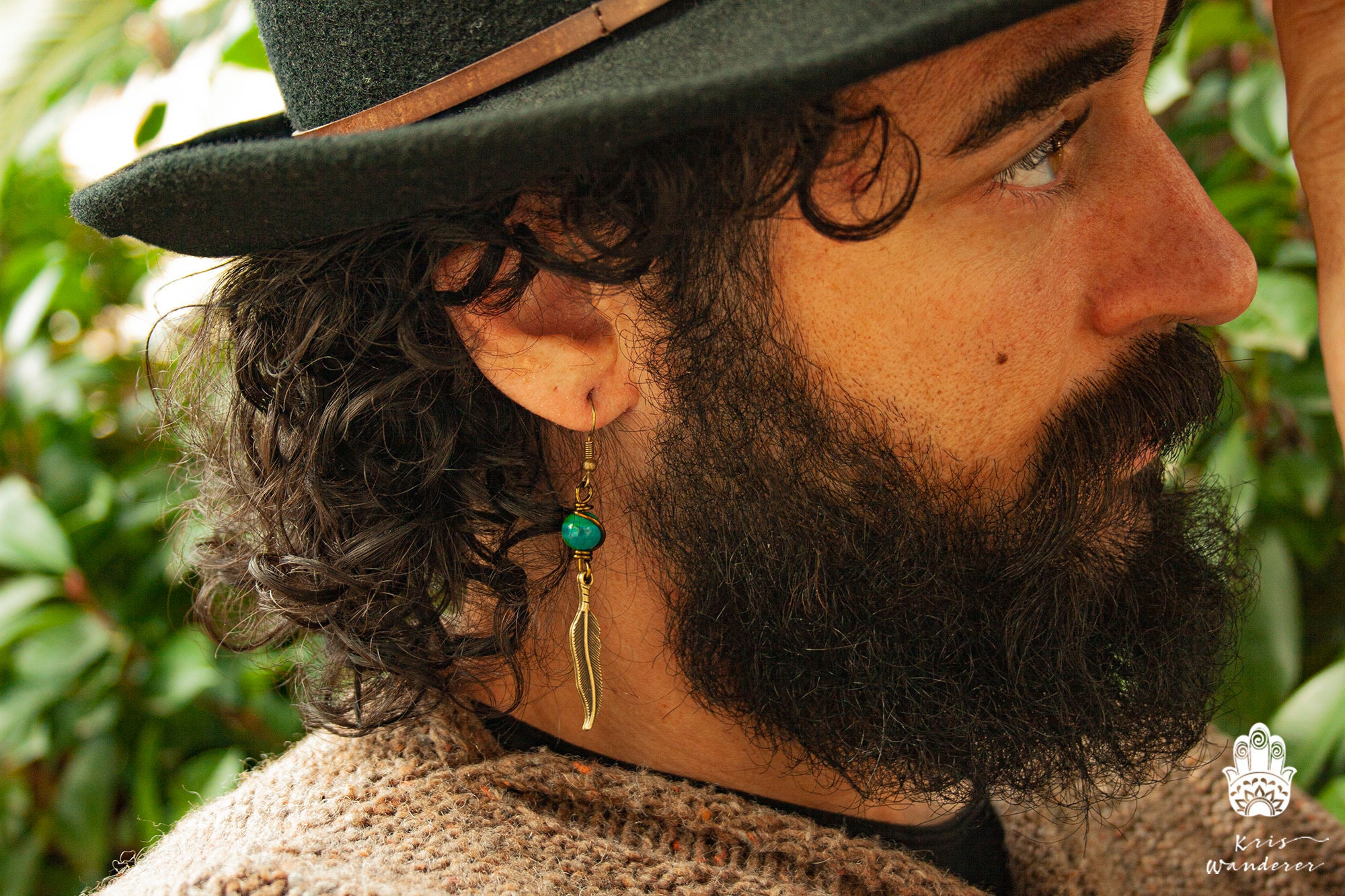 Mens Feather Earring With Natural Stone - One Earring - Jade ...