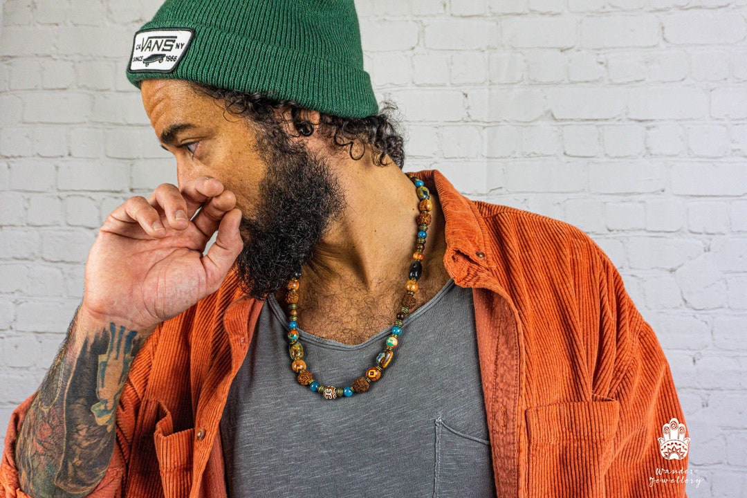 Mens Boho Multi Stone Statement Necklace- Colorful Wood Gemstone Beaded ...