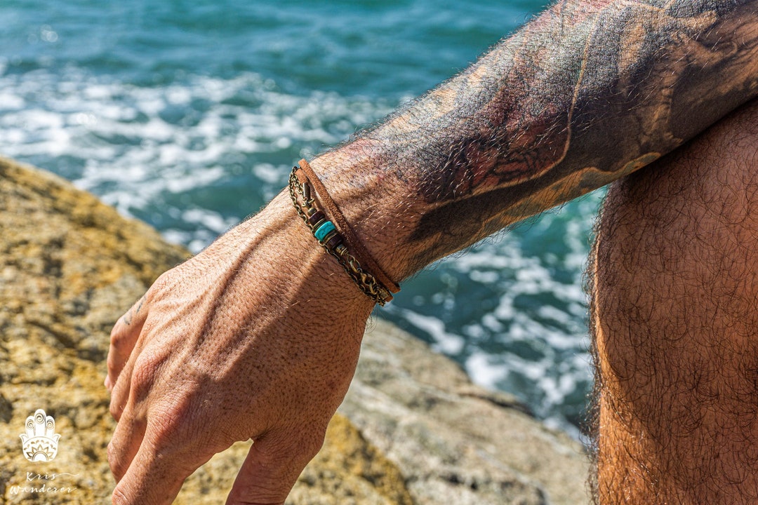 Mens Leather and Chain Wrap Bracelet - Delicate Boho Minimalist ...