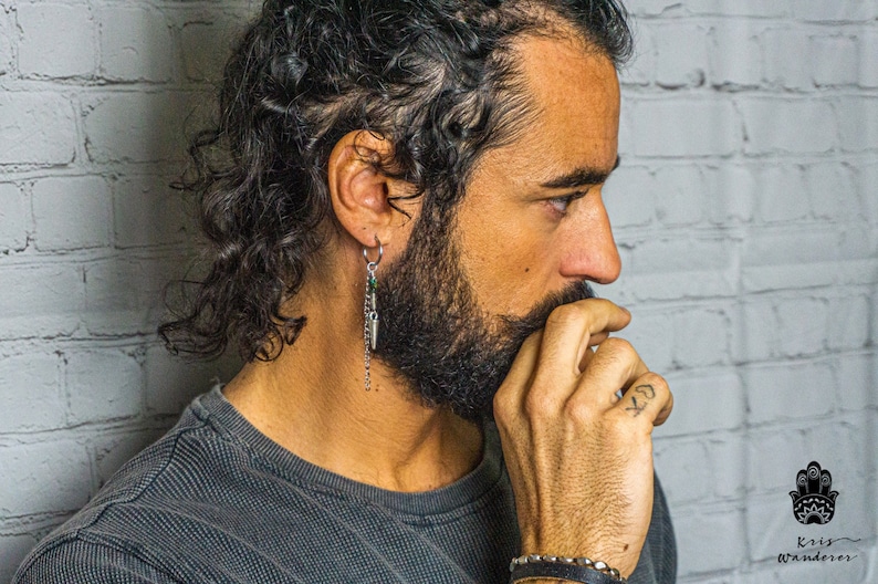 Long Chain Spike Hoop Earring for Men- Mens Edgy Beaded Dangle Earring ...