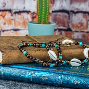 Cowrie Shell Surfer Bracelet Set- Wood and Turquoise Beaded Bracelet ...