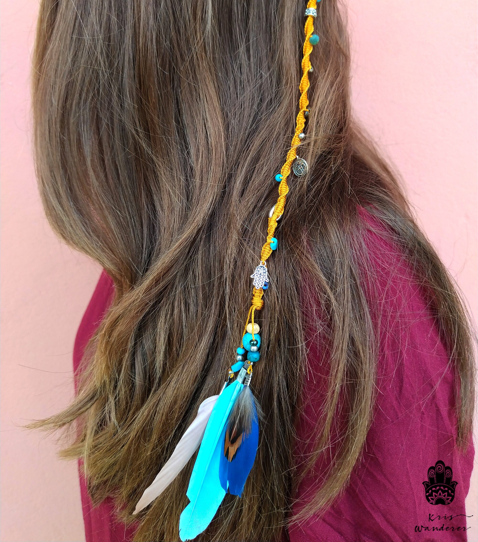 Yellow Clip in Hair Wrap With Natural Feathers Festival Hair - Etsy