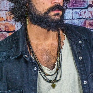 Mens Boho Black Onyx Layered Necklace Set- Leather Gemstone Bead Chain ...