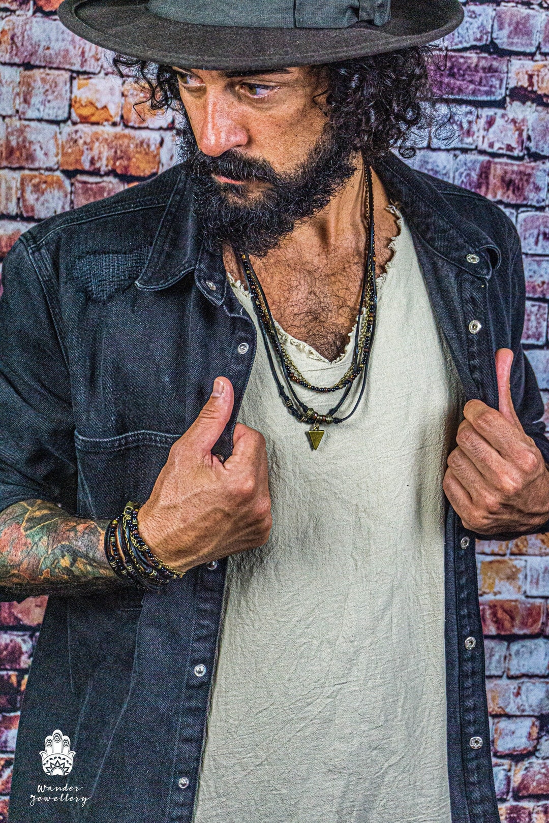Mens Boho Black Onyx Layered Necklace Set- Leather Gemstone Bead Chain ...