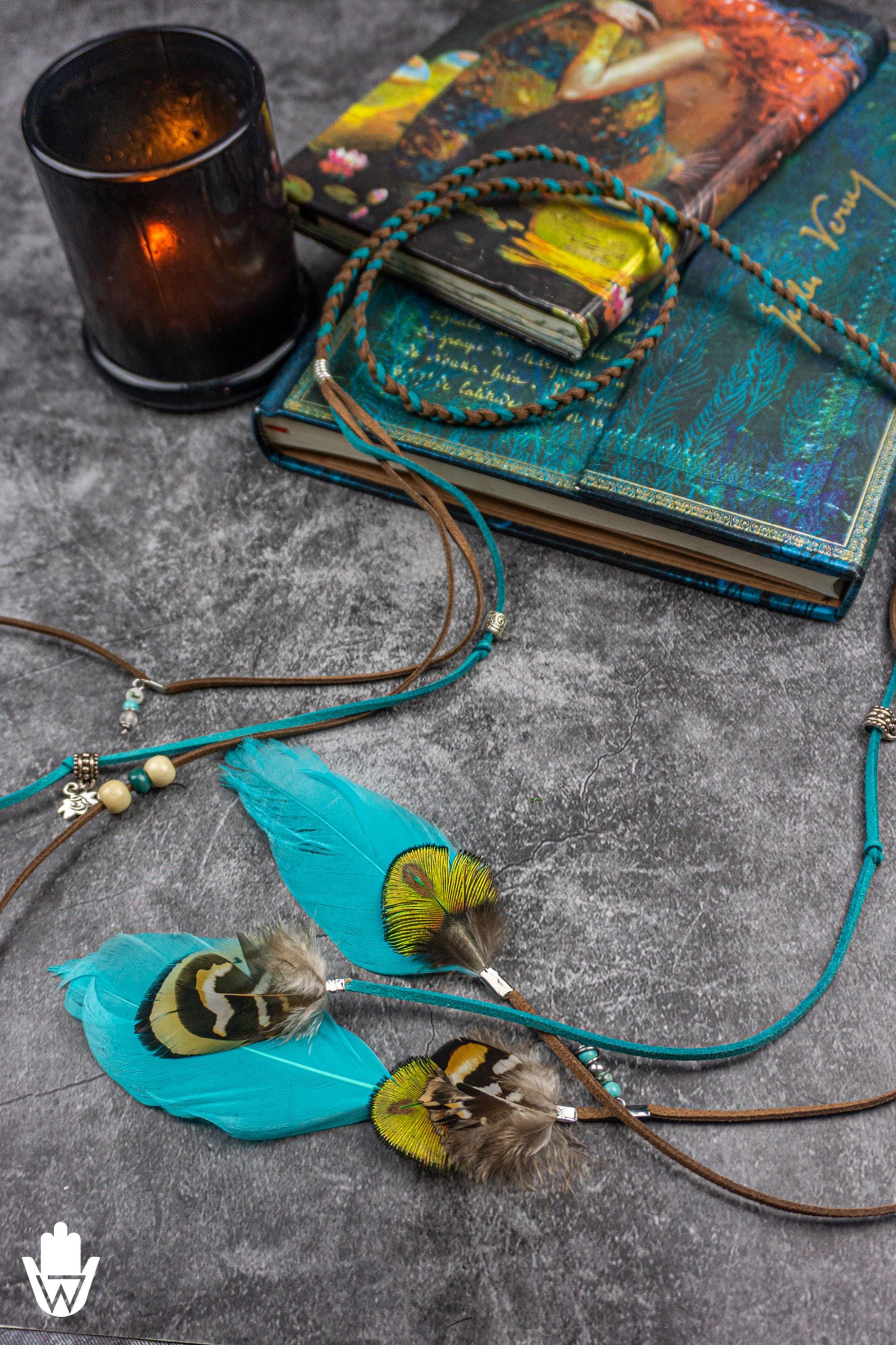 Boho Hippie Feathered Headband- Long Drop Leather Headband With ...