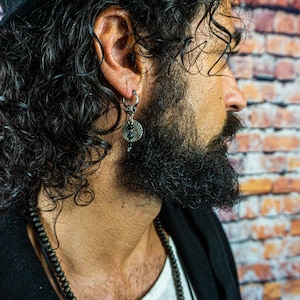 Mens Beaded Stainless Steel Hoop Earring- Antique Silver Tribal Coin ...
