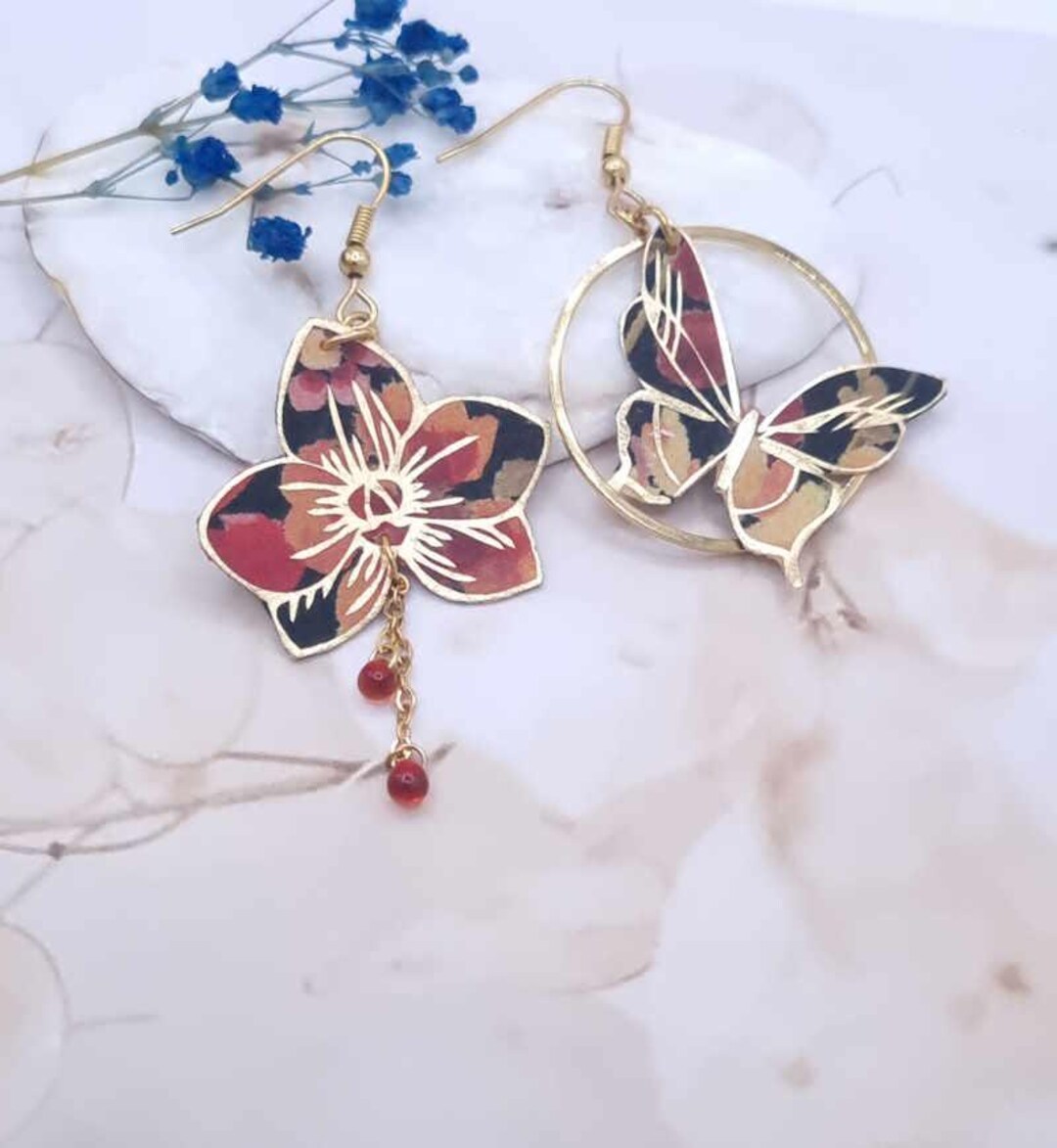 Asymmetrical Mismatched Butterfly and Orchid Earrings in Liberty Dreams ...