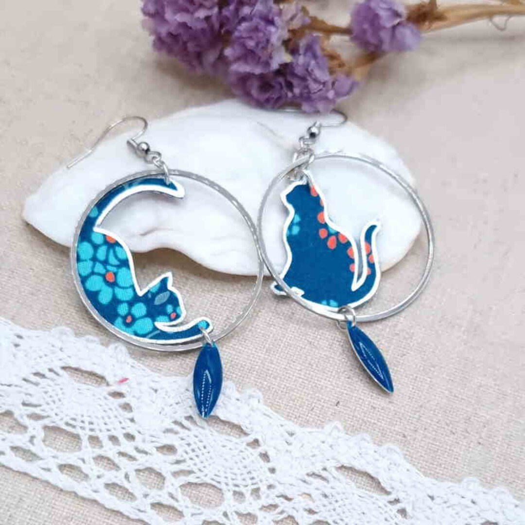 Asymmetrical Mismatched Small Cat Earrings in Small Hanako Storm Fabric ...