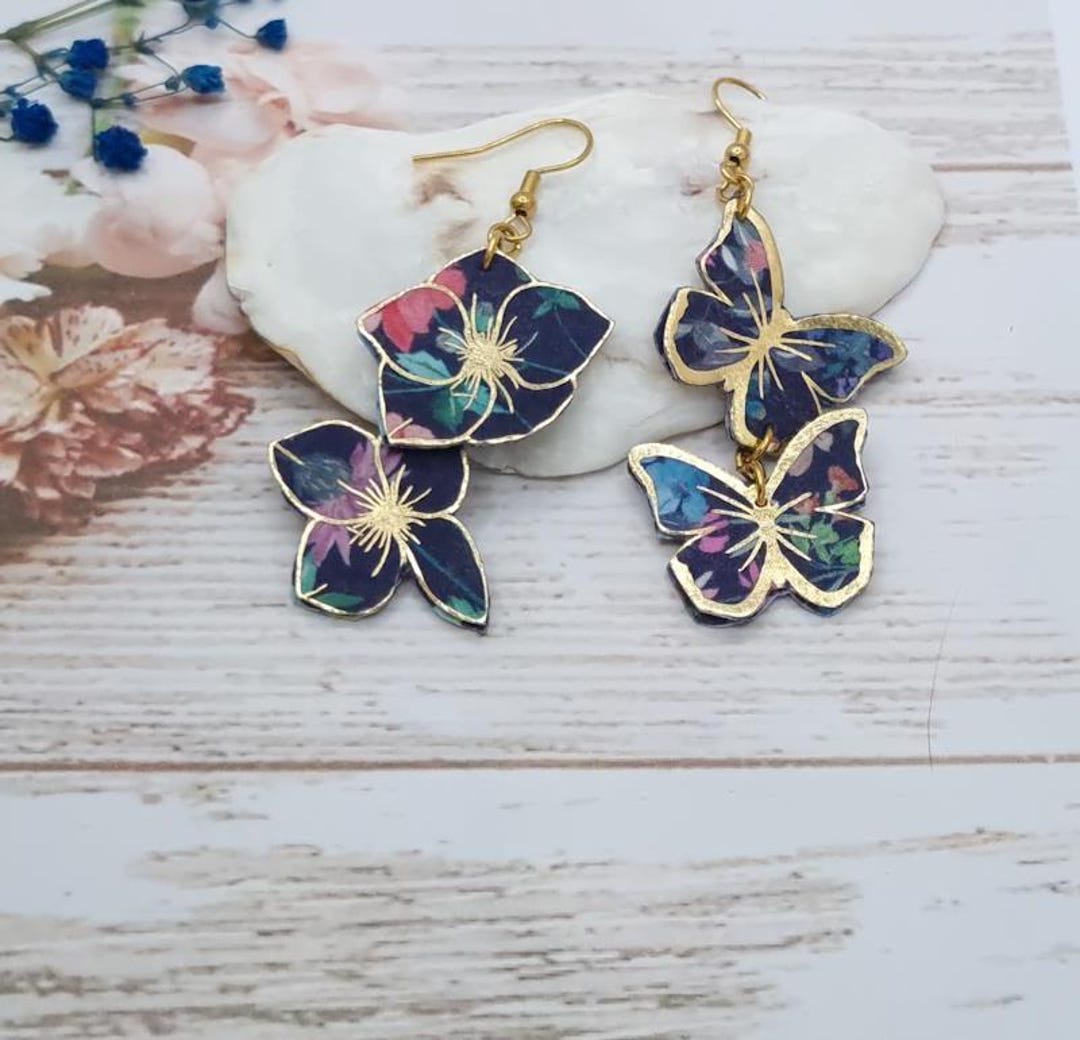 Mismatched Asymmetrical Butterfly and Hydrangea Flower Earrings in ...
