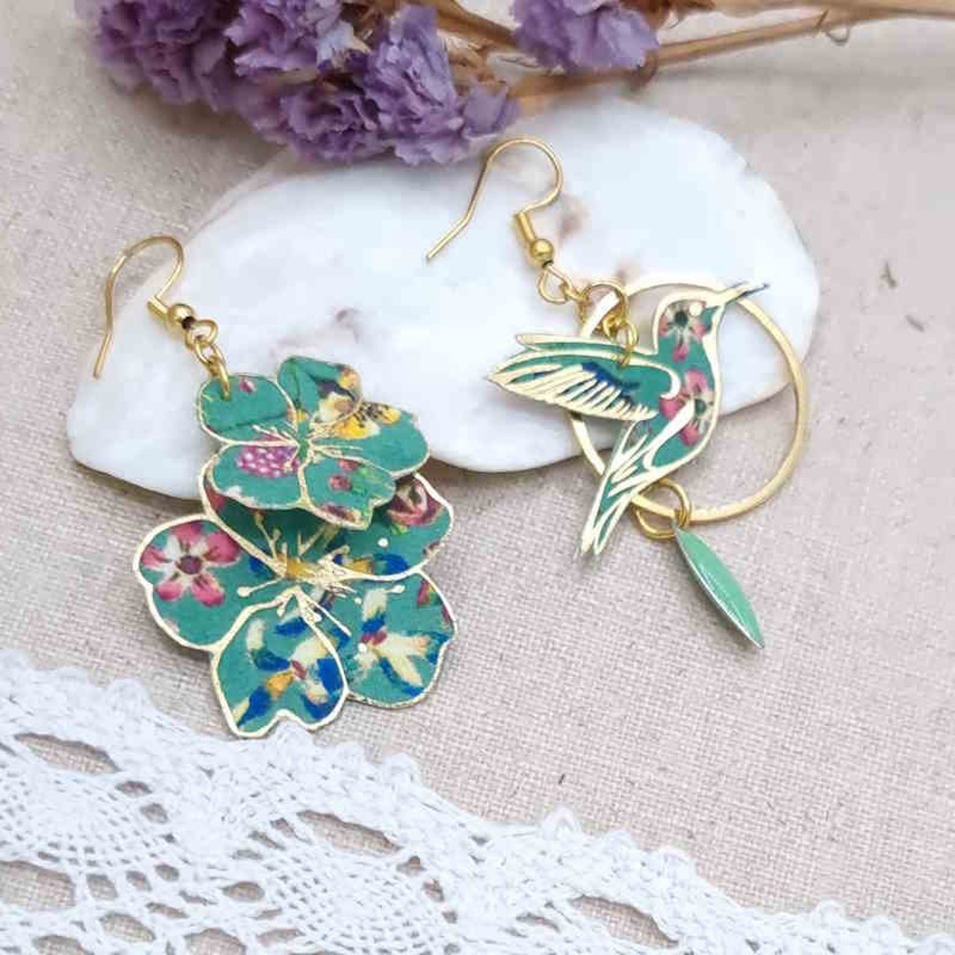 Asymmetrical Mismatched Hummingbird Bird and Cherry Blossom Earrings in ...