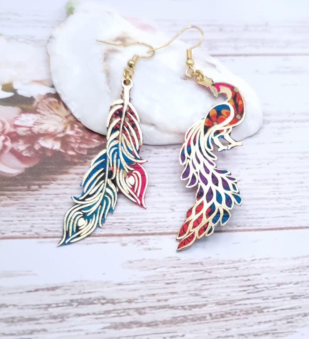 Mismatched Asymmetrical Peacock Bird and Feather Earrings in Ciara ...