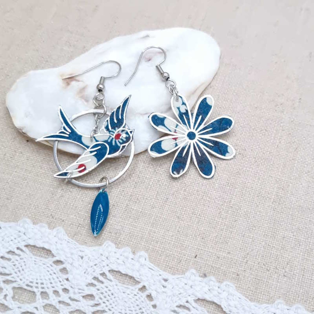 Mismatched Asymmetrical Daisy and Swallow Bird Earrings in Navy Liberty ...