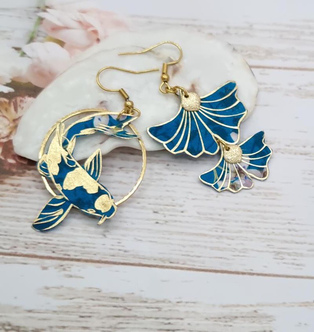 Asymmetrical Mismatched KOI Carp and Gingko Earrings in Stainless Steel ...