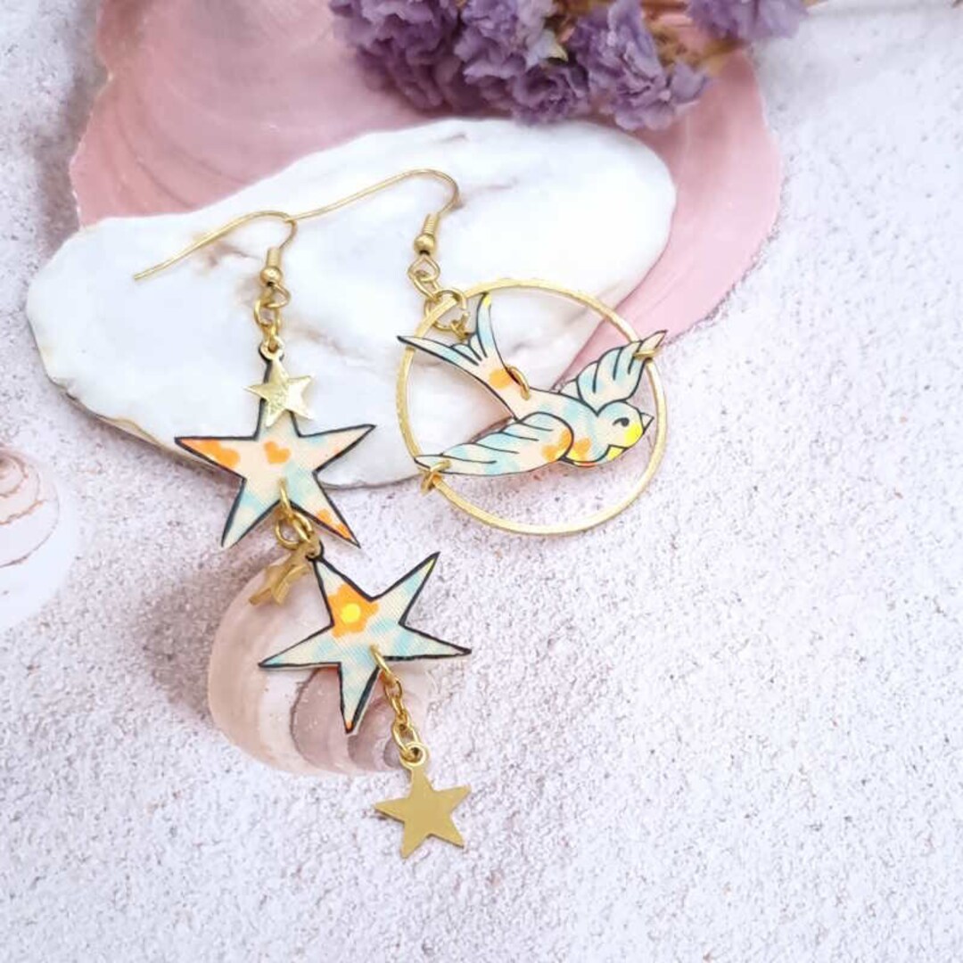 Mismatched Asymmetrical Swallow Bird and Star Earrings in Petit Pan ...