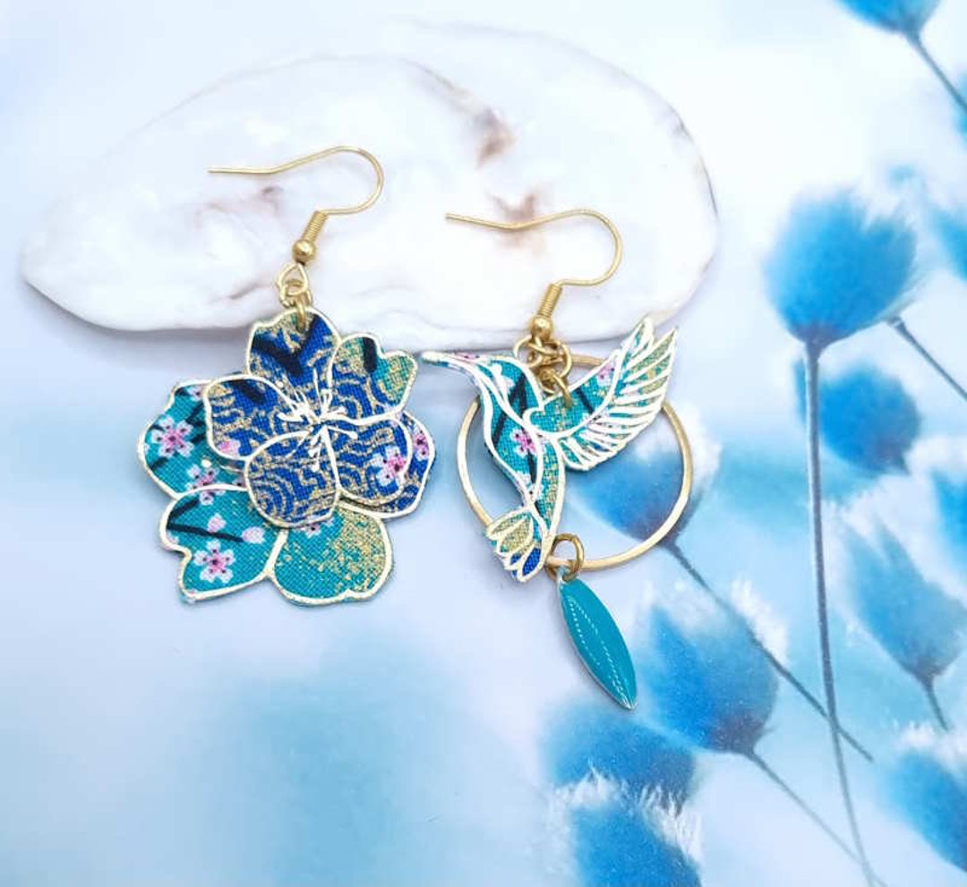 Mismatched Asymmetrical Hummingbird Bird and Cherry Blossom Earrings in ...
