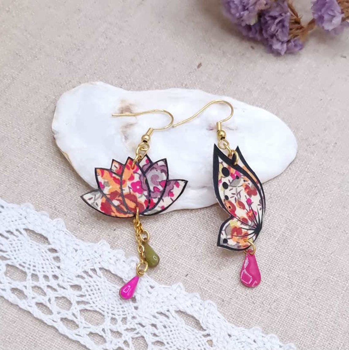 Mismatched Asymmetrical Butterfly and Lotus Earrings in Liberty Cotton ...