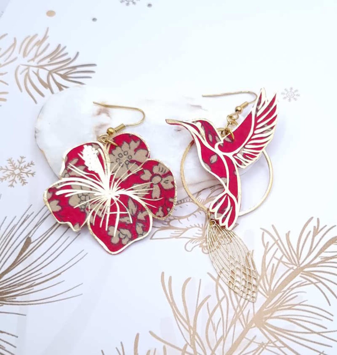 Asymmetrical Mismatched Earrings Large Hummingbird and Large Hibiscus ...