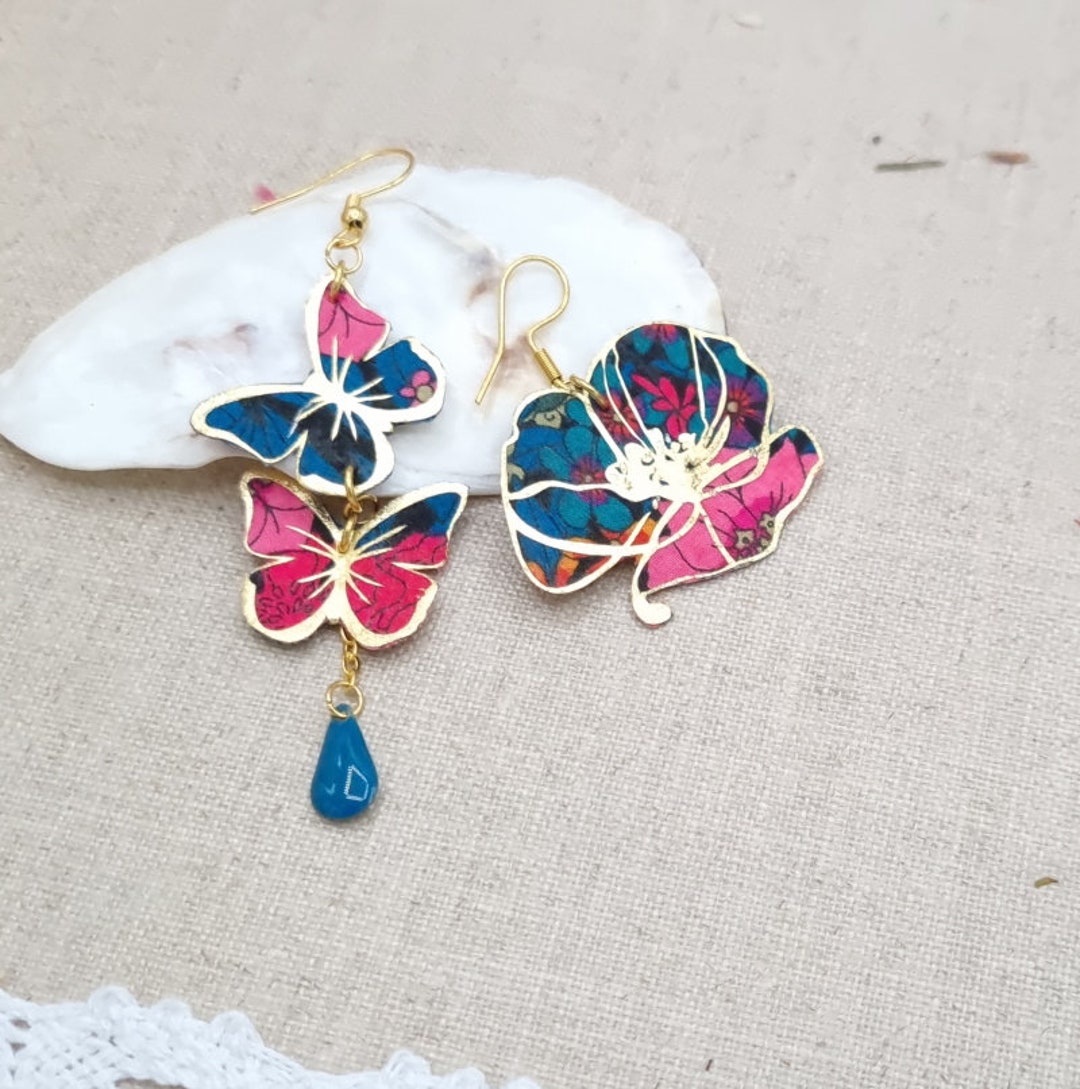 Mismatched Asymmetrical Butterfly and Hibiscus Flower Earrings in ...