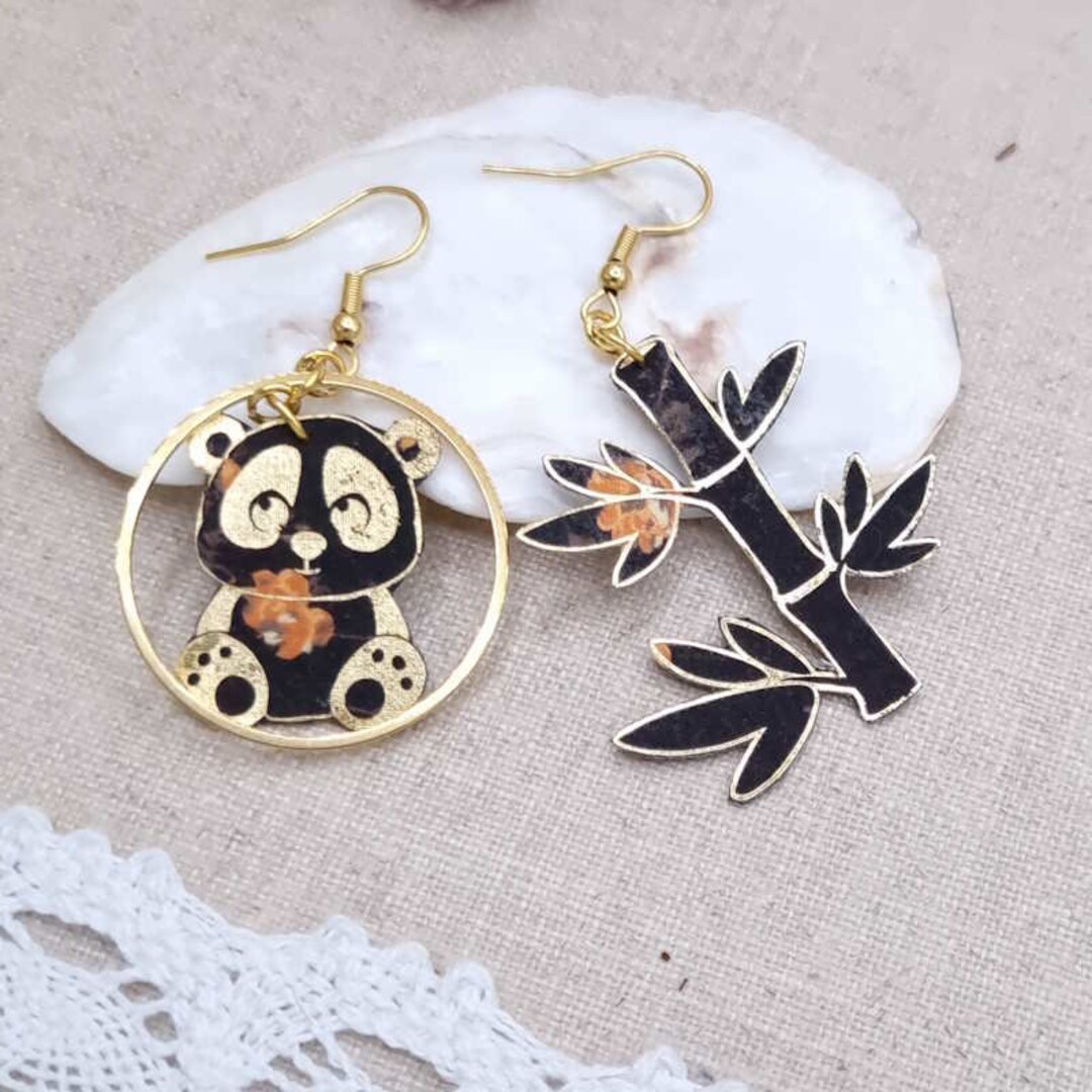 Mismatched Asymmetrical Panda and Bamboo Earrings in Black - Etsy