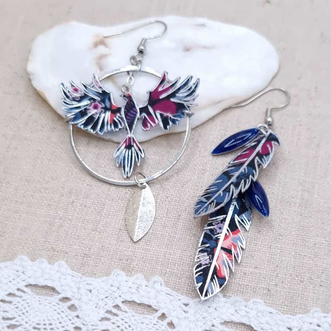 Mismatched Asymmetrical Phoenix and Feather Earrings in Purple ...