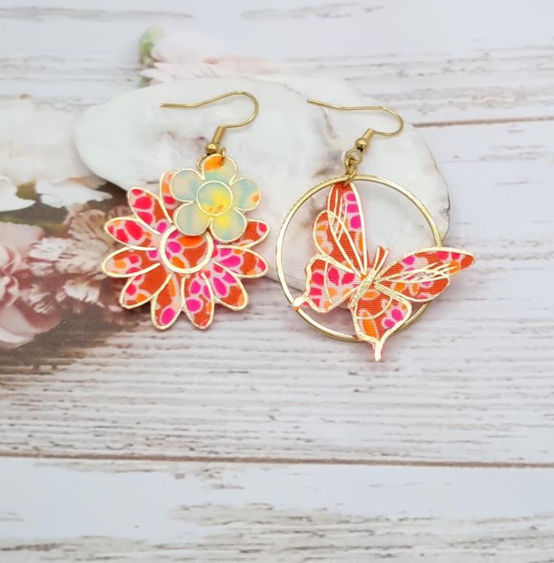 Mismatched Asymmetrical Butterfly and Flower Earrings in Petit Pan Neon ...