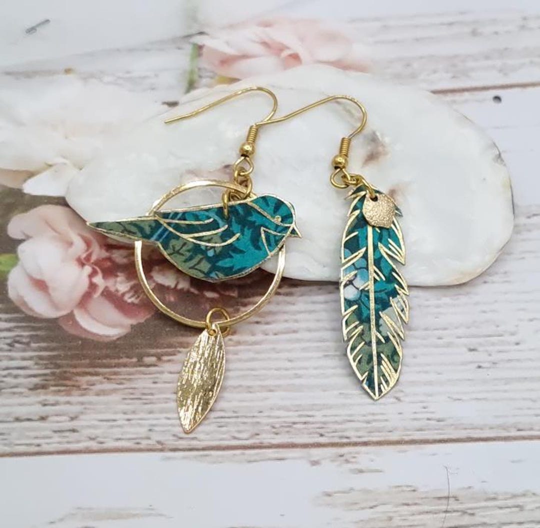 Asymmetrical Mismatched Bird and Feather Earrings in Green Strawberry ...