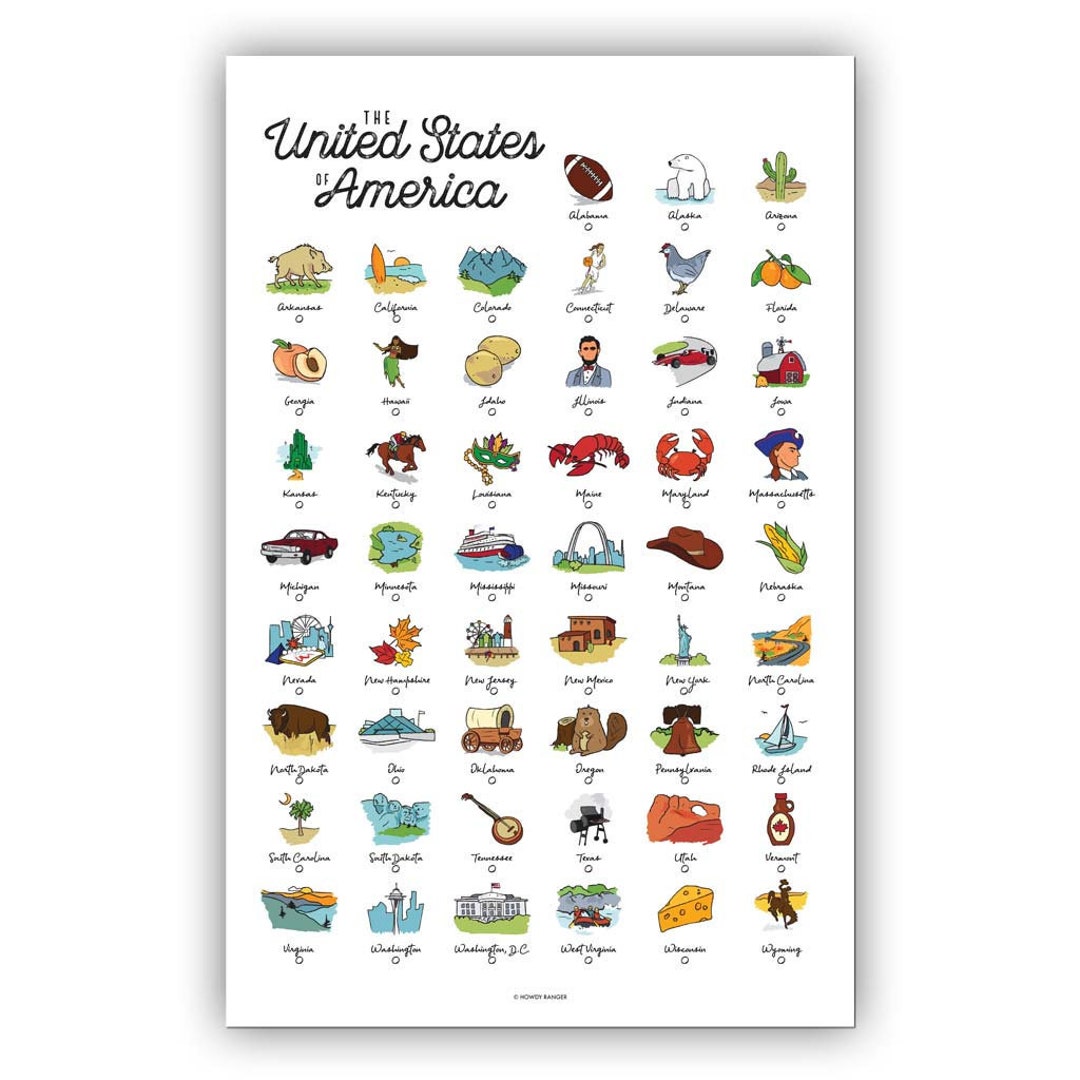50 States Illustrated Checklist Poster // FREE SHIPPING - Etsy