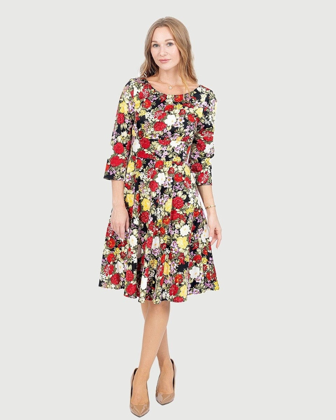 Eva Bright Floral Fit & Flare 3/4 Sleeve Dress With Pockets - Etsy