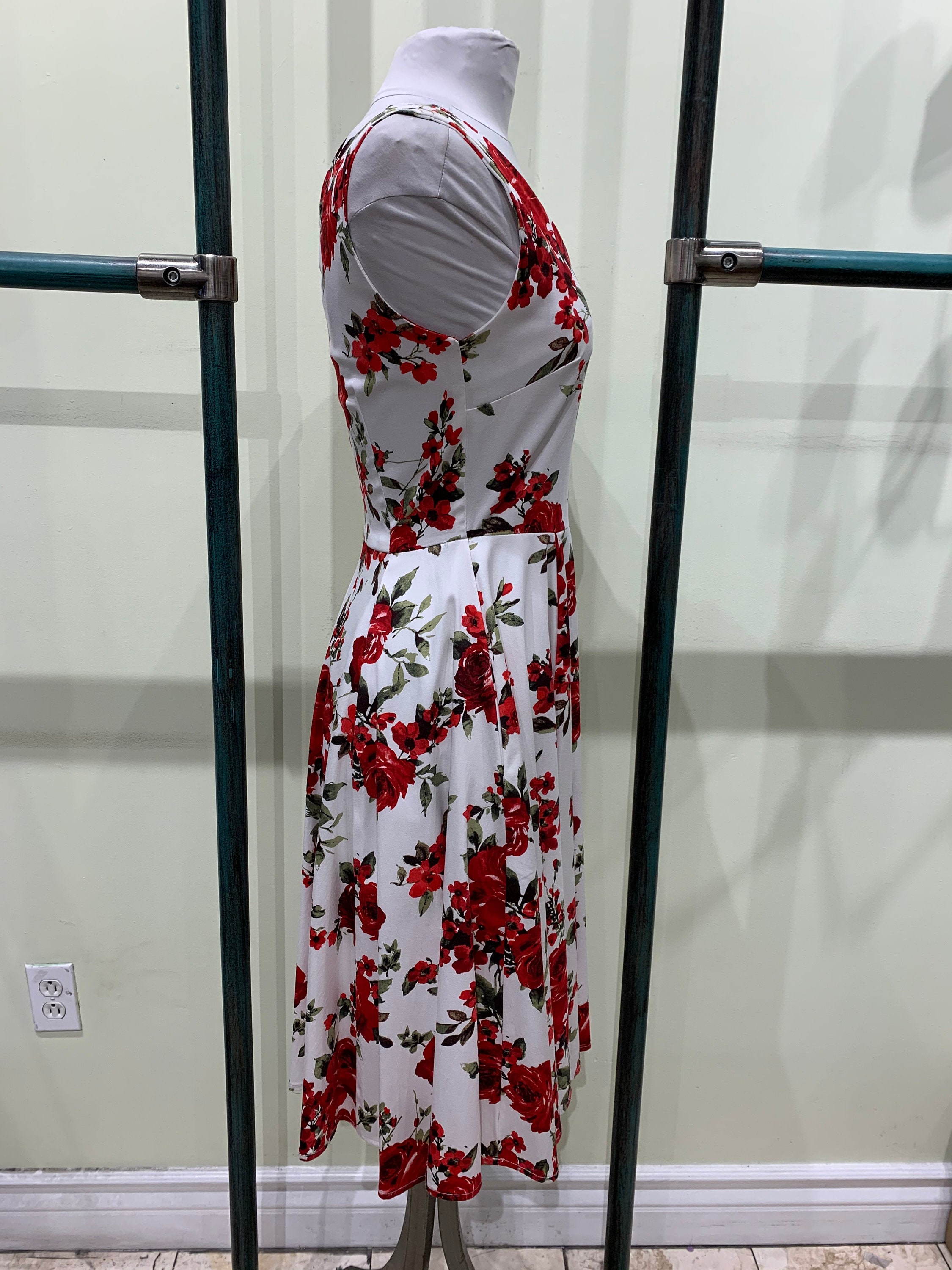 Eva Rose White And Red Rose Floral Print V-Neck Fit and Flare | Etsy