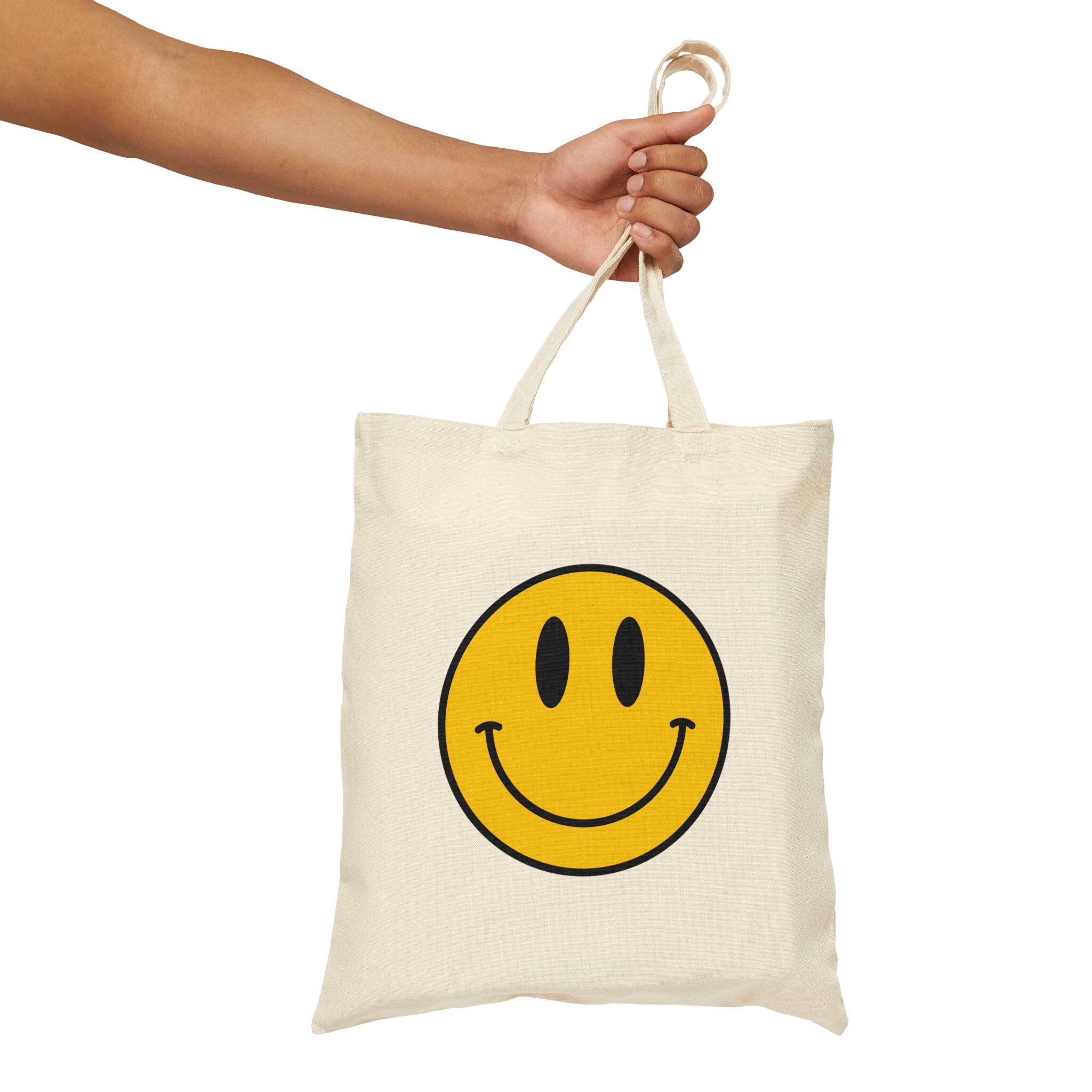 Smiley Face Cotton Canvas Tote Bag - Happy Vibes Spread Joy Wherever ...