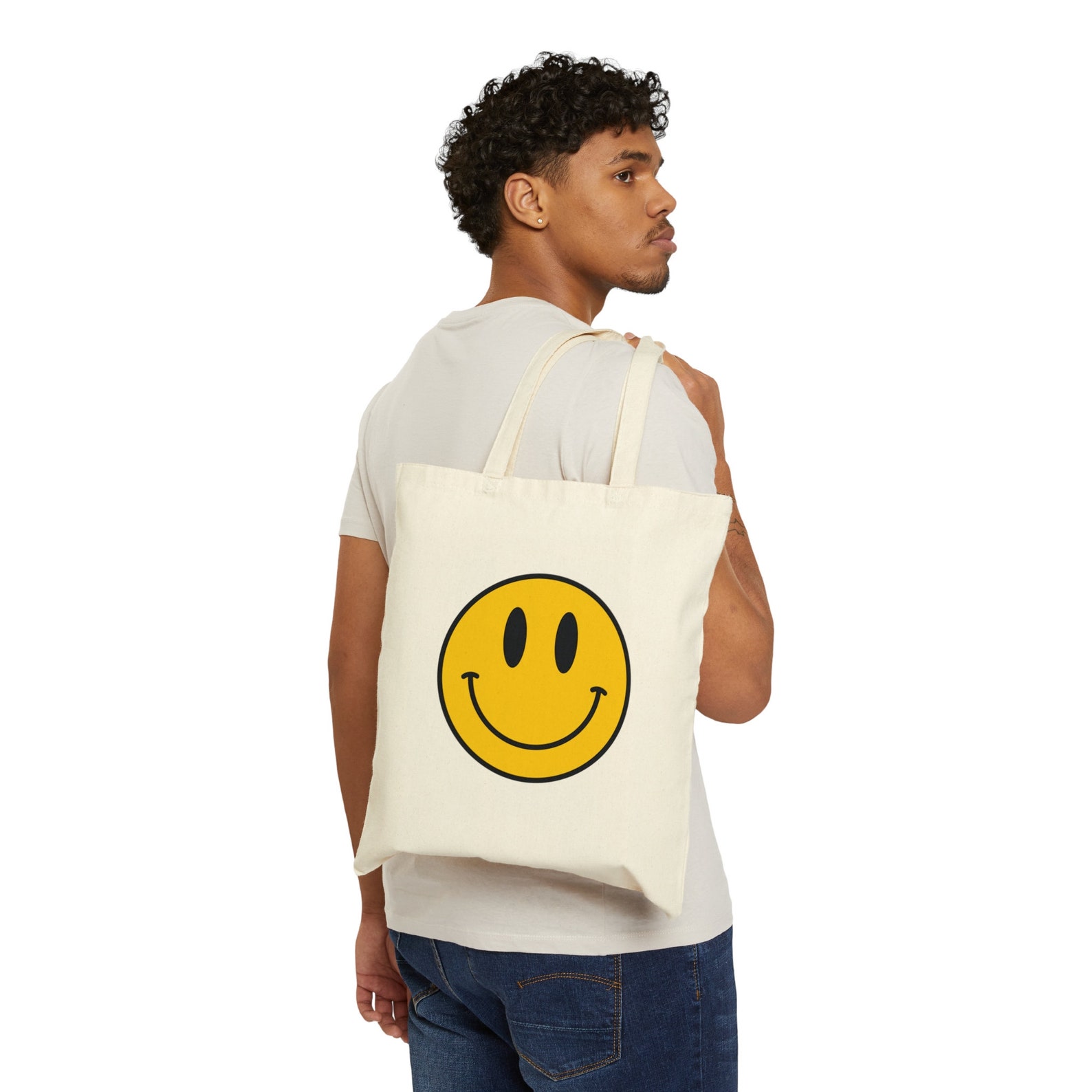 Smiley Face Cotton Canvas Tote Bag - Happy Vibes Spread Joy Wherever ...