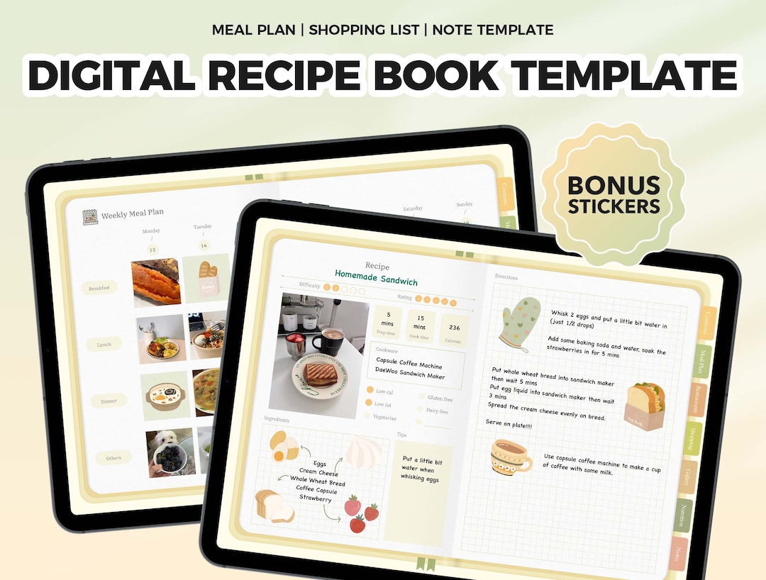 Libro de recetas digital / Planificador de cocina con hipervínculo / Planificador de comidas y ...