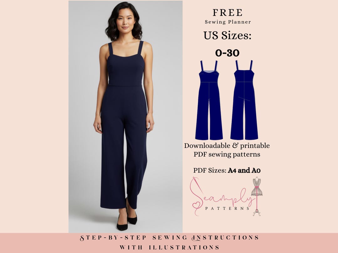 Wide Leg Jumpsuit Sewing Pattern With Straps: Women's Sizes 0-30 (PDF ...