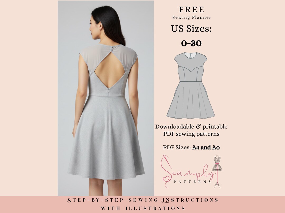 Cutout Back Dress Sewing Pattern PDF: Knit Fabric, US Sizes 0-30 ...
