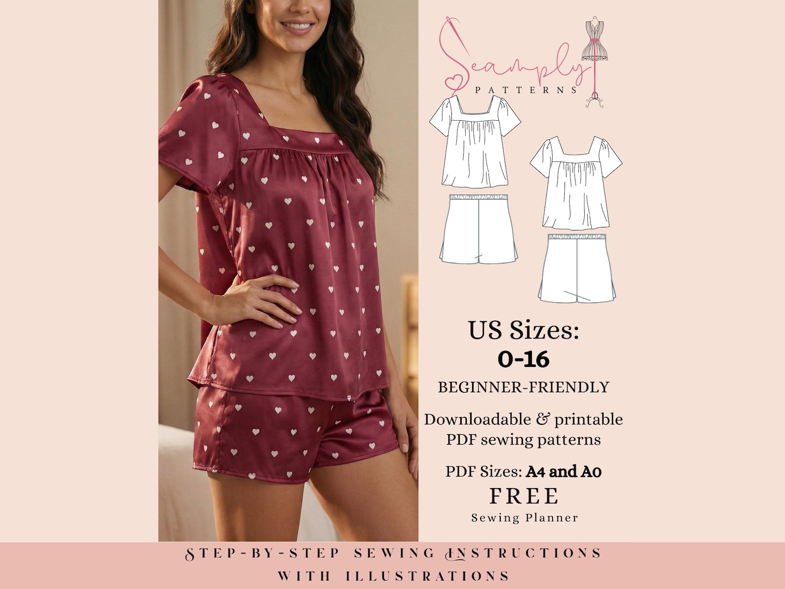 Women's Pajama Set Sewing Pattern | Sleepwear Sizes 0-16 (PDF Pattern ...